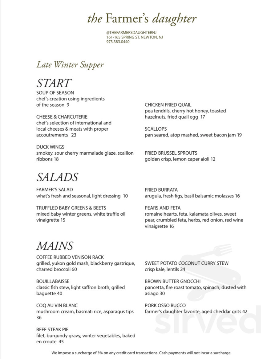 Menu for The Farmer’s Daughter in Newton, NJ | Sirved