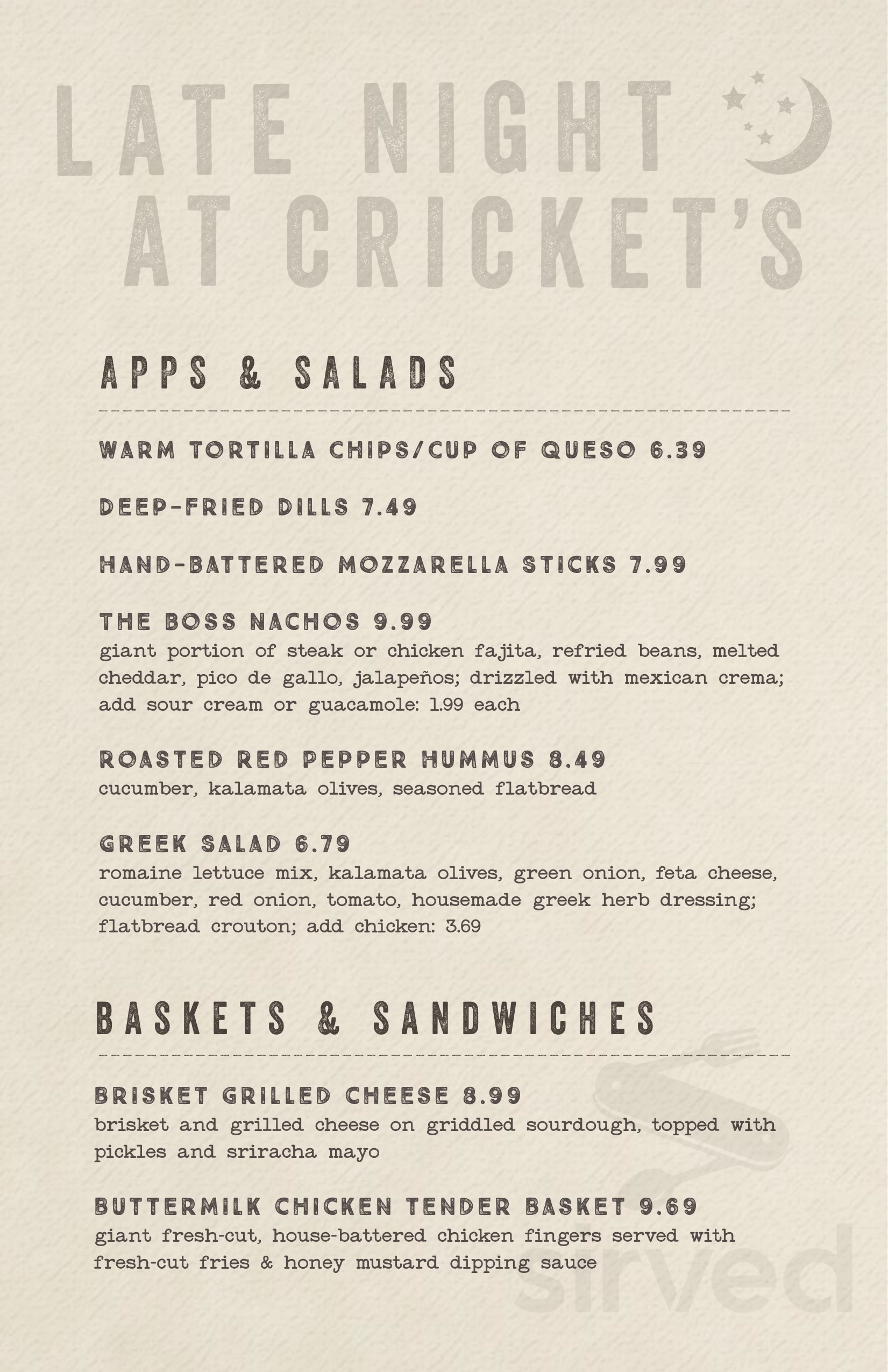 Cricket's Draft House & Grill menu in Waco, Texas, USA