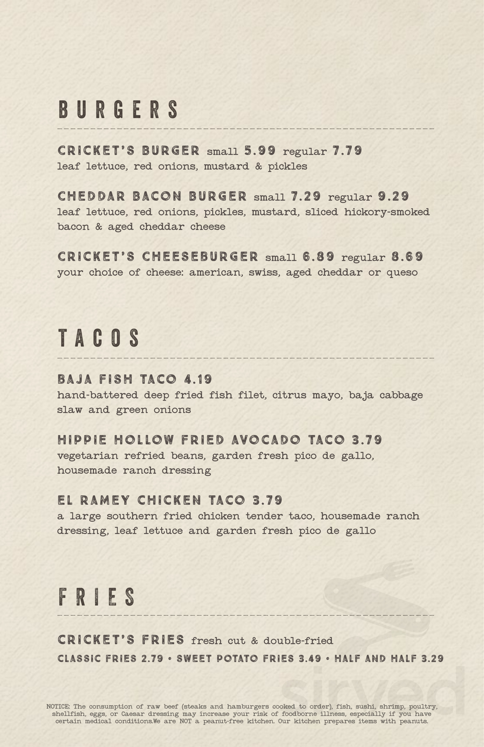 Cricket's Draft House + Grill menus in Lubbock, Texas, United States