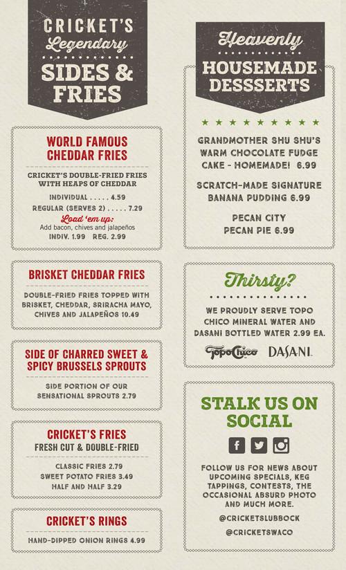 Cricket's Draft House & Grill menu in Waco, Texas, USA