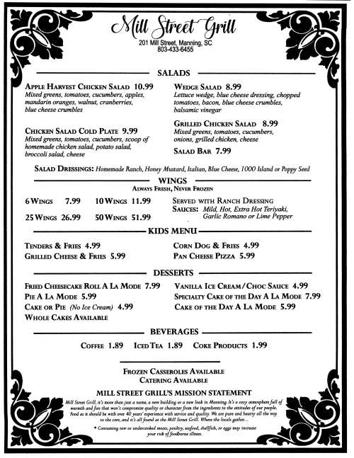 Mill Street Grill menu in Manning, South Carolina, USA