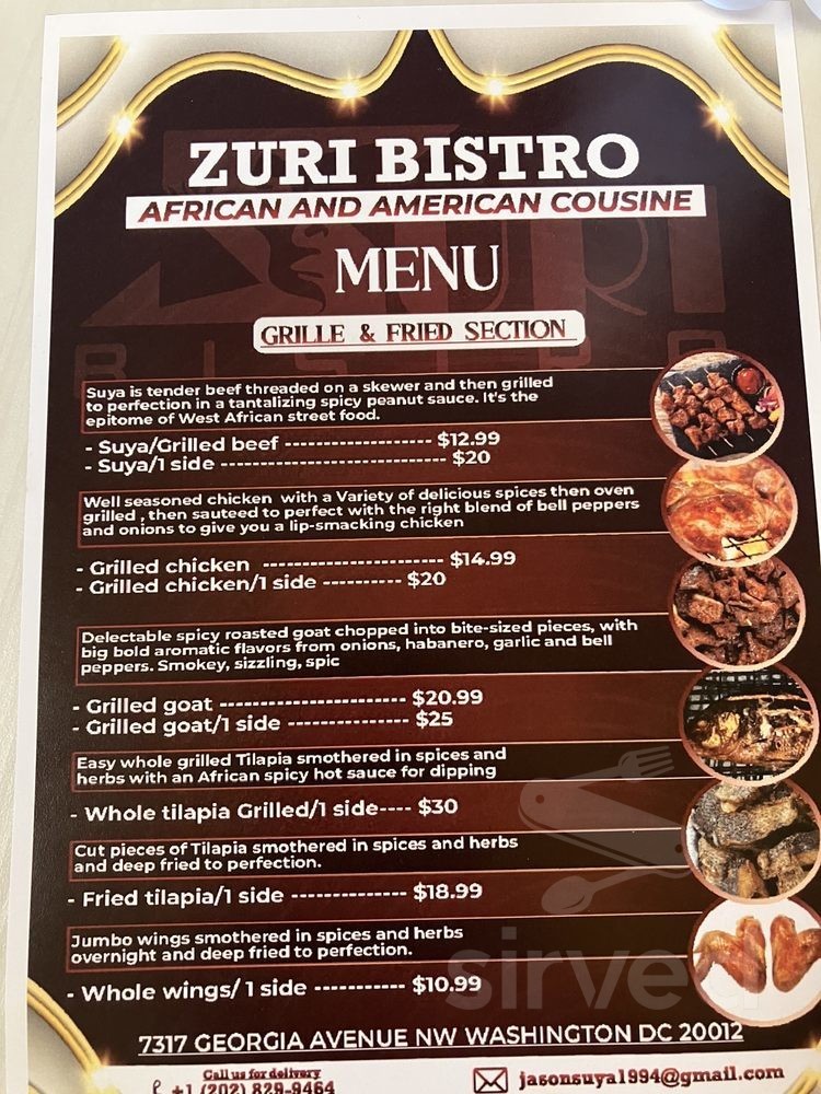 Zuri Bistro menu in Washington, Washington D.C, USA