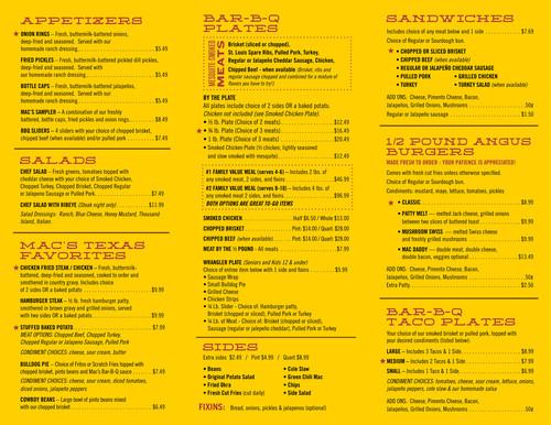 Mac's Bar-B-Q menu in Midland, Texas, USA