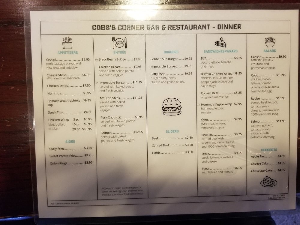 Menu for Cobb's Corner Bar in Detroit, MI | Sirved