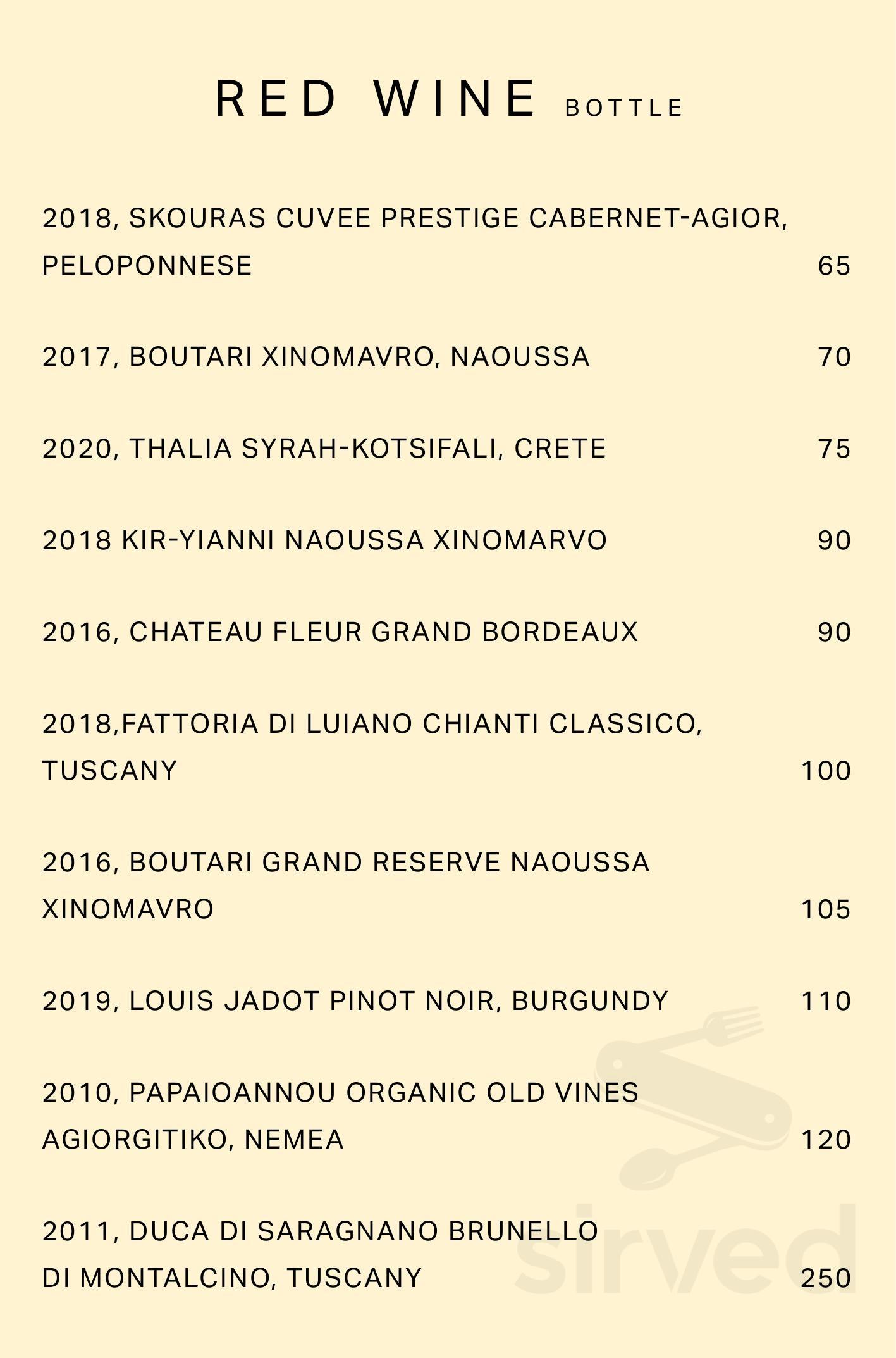 Menu for Myth in Toronto, Ontario, Canada