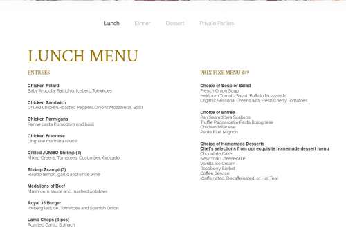 Royal 35 Steakhouse menu in New York, New York, USA