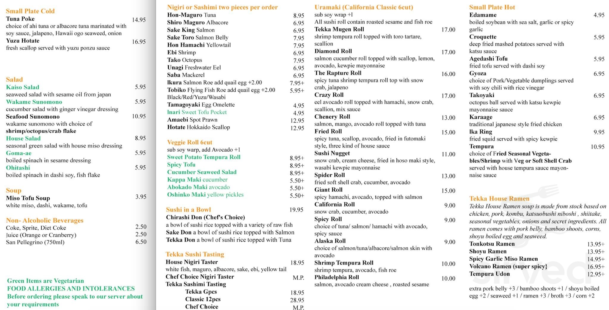 Tekka House menu in San Francisco, California, USA