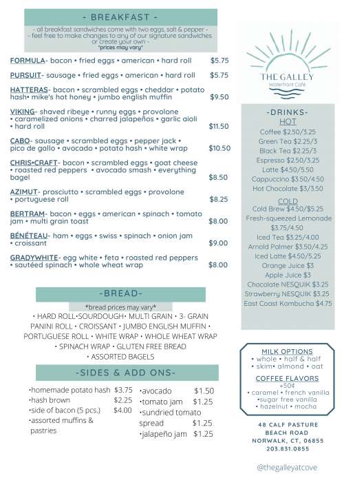 The Galley menu in Norwalk, Connecticut, USA