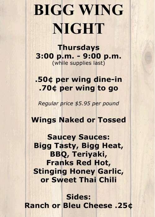 Bigg's Bar & Grill menu in Watertown, Wisconsin, USA