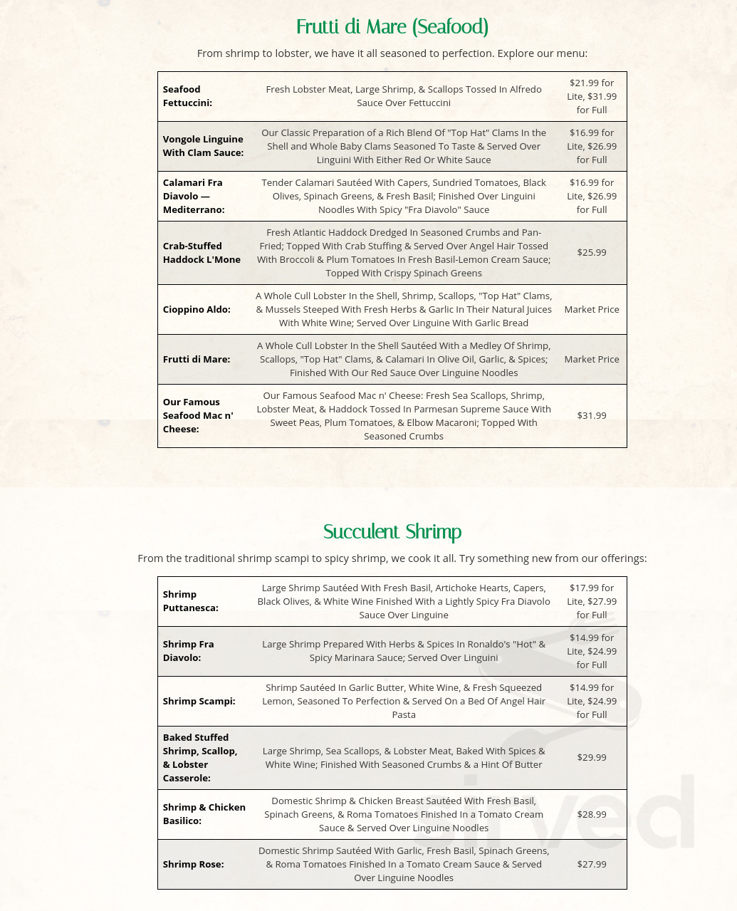 Ronaldo's Italian Restaurant menus in North Hampton, New Hampshire ...