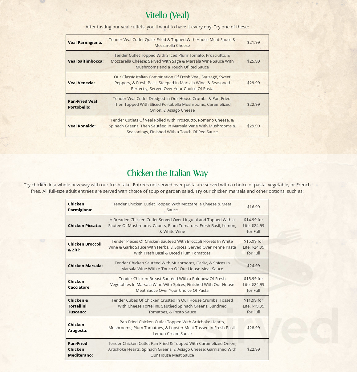 Ronaldo's Italian Restaurant menus in North Hampton, New Hampshire ...