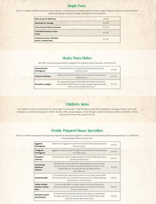 Ronaldo's Italian Restaurant menu in North Hampton, New Hampshire, USA