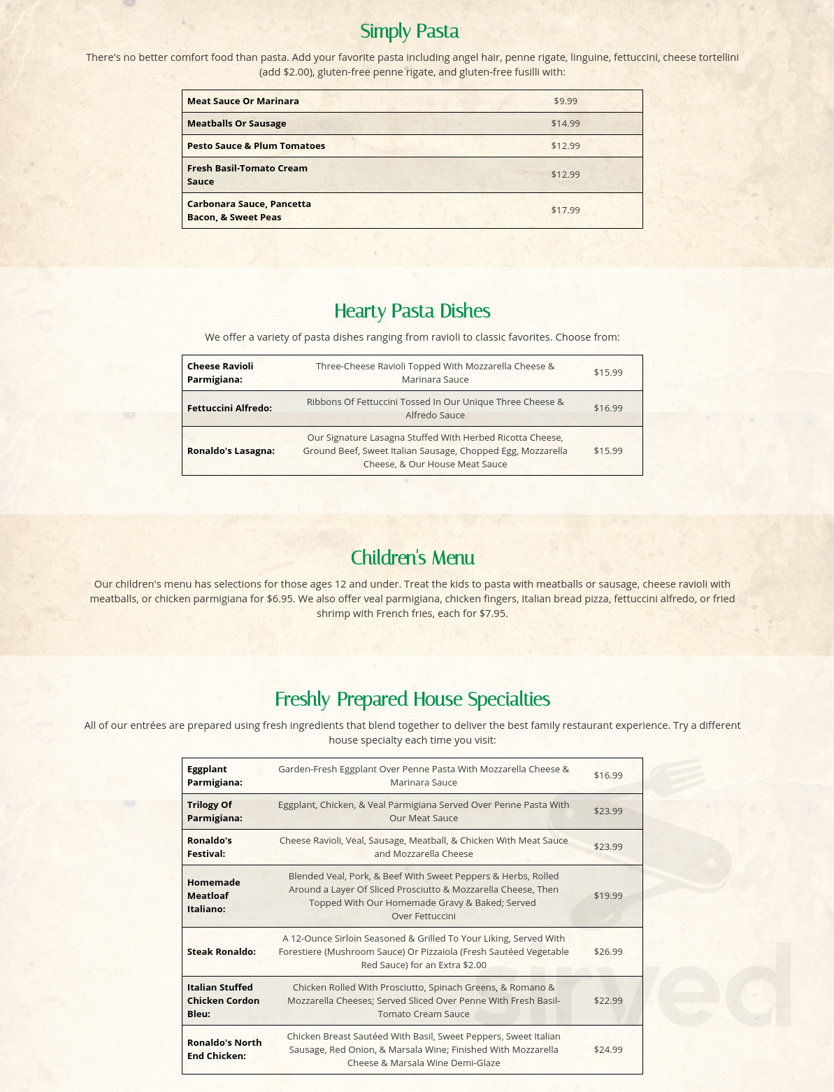 Ronaldo's Italian Restaurant menu in North Hampton, New Hampshire, USA