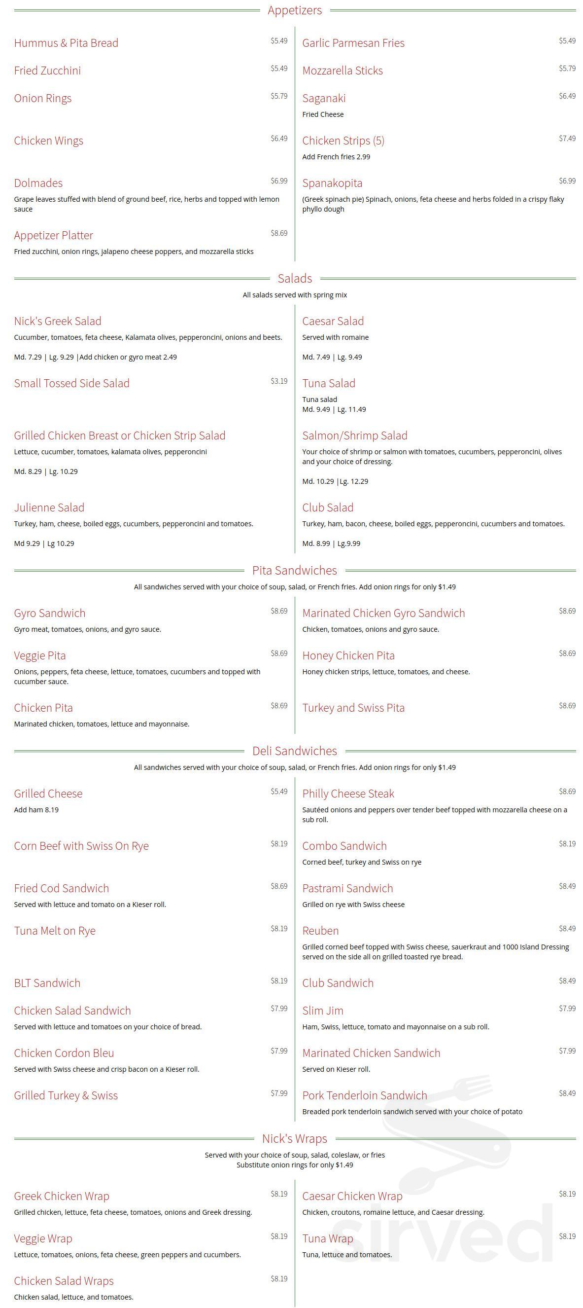 Nicks Diner II menu in Surprise, Arizona, USA