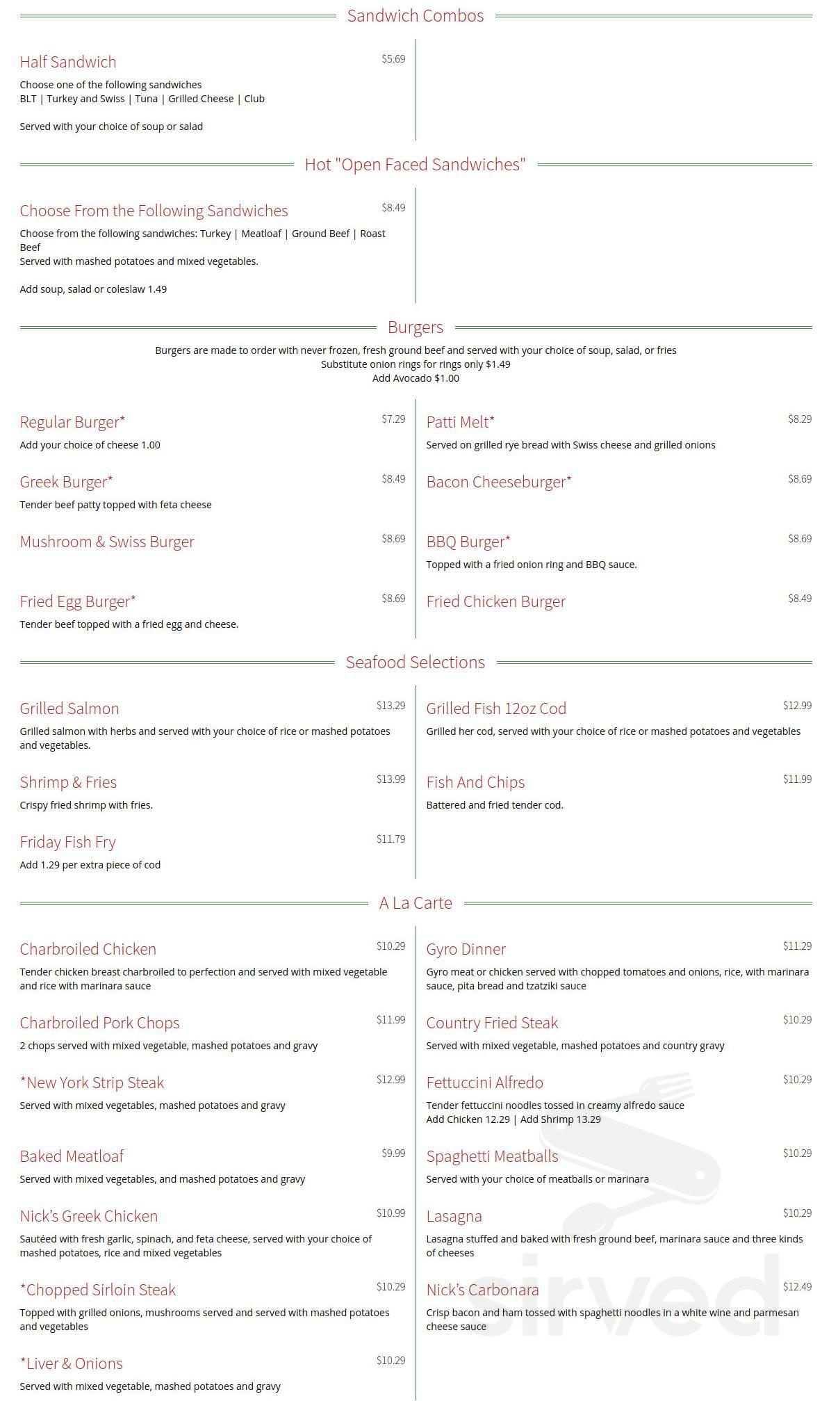 Nicks Diner II menu in Surprise, Arizona, USA