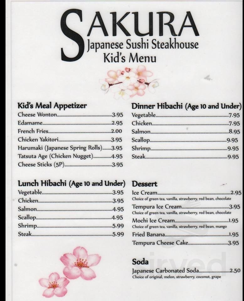 Menu for Sakura Japanese Sushi Steak House Hueytown in Hueytown, AL ...