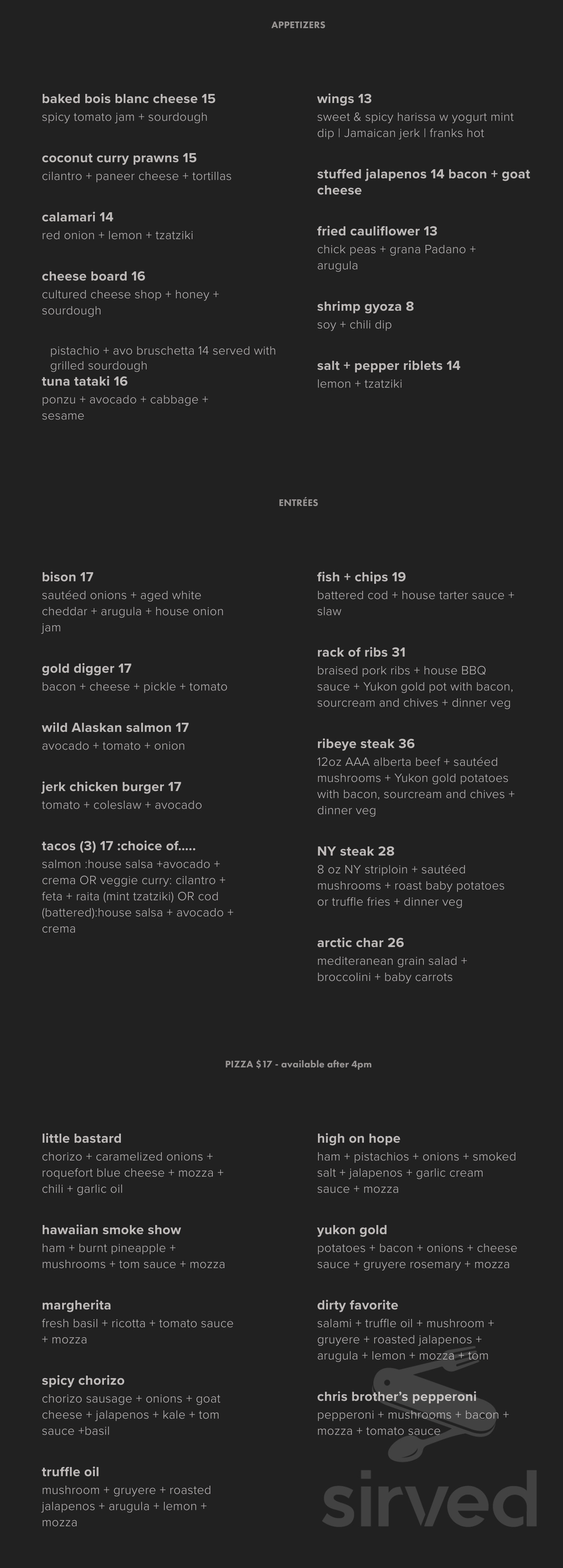 Miner's Daughter/Dirty Northern menu in Whitehorse, Yukon, Canada