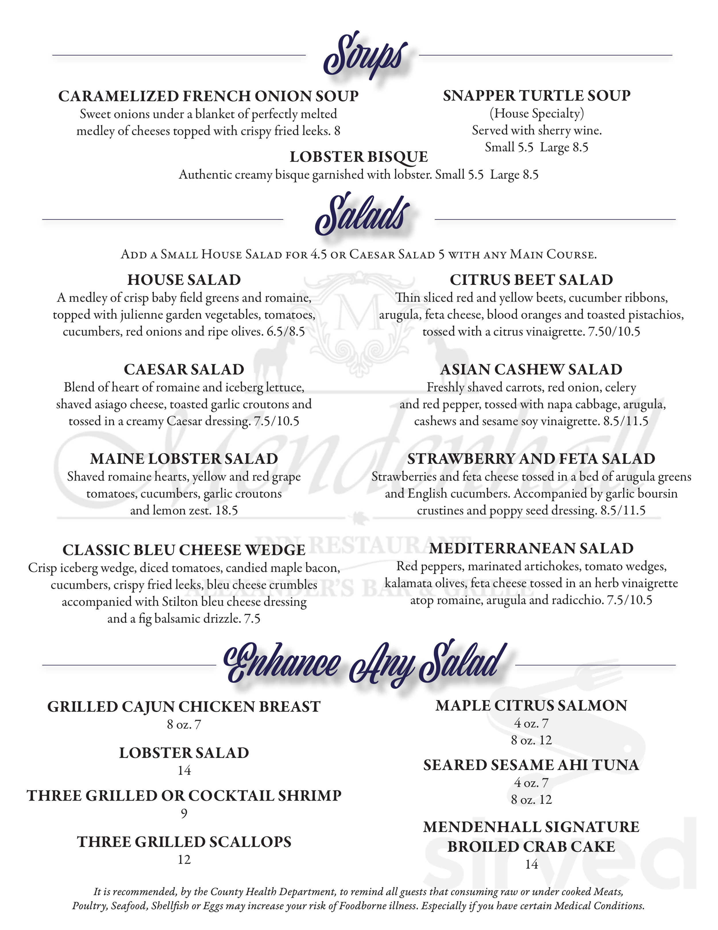 Mendenhall Inn Restaurant menu in Mendenhall, Pennsylvania, USA