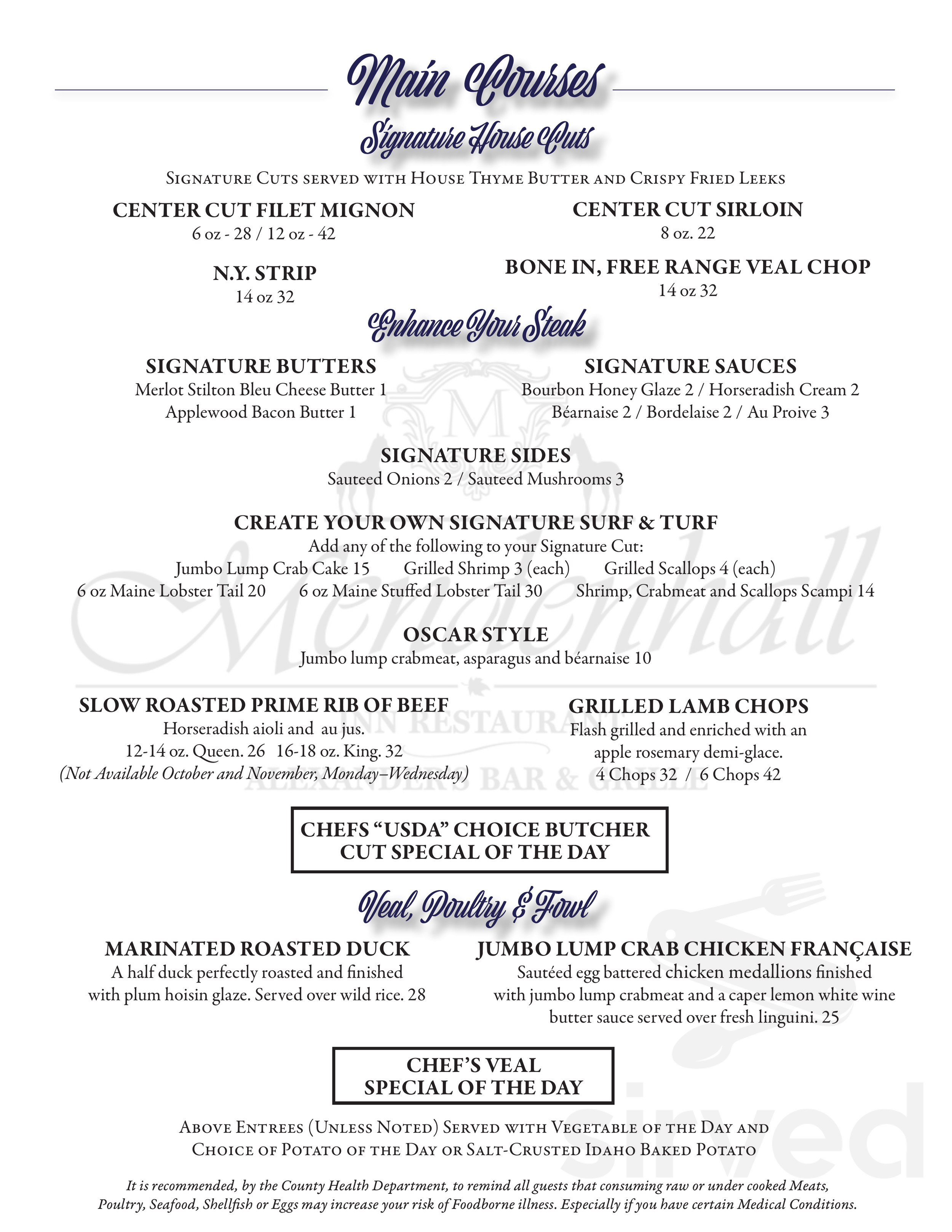 Mendenhall Inn Restaurant menu in Mendenhall, Pennsylvania, USA