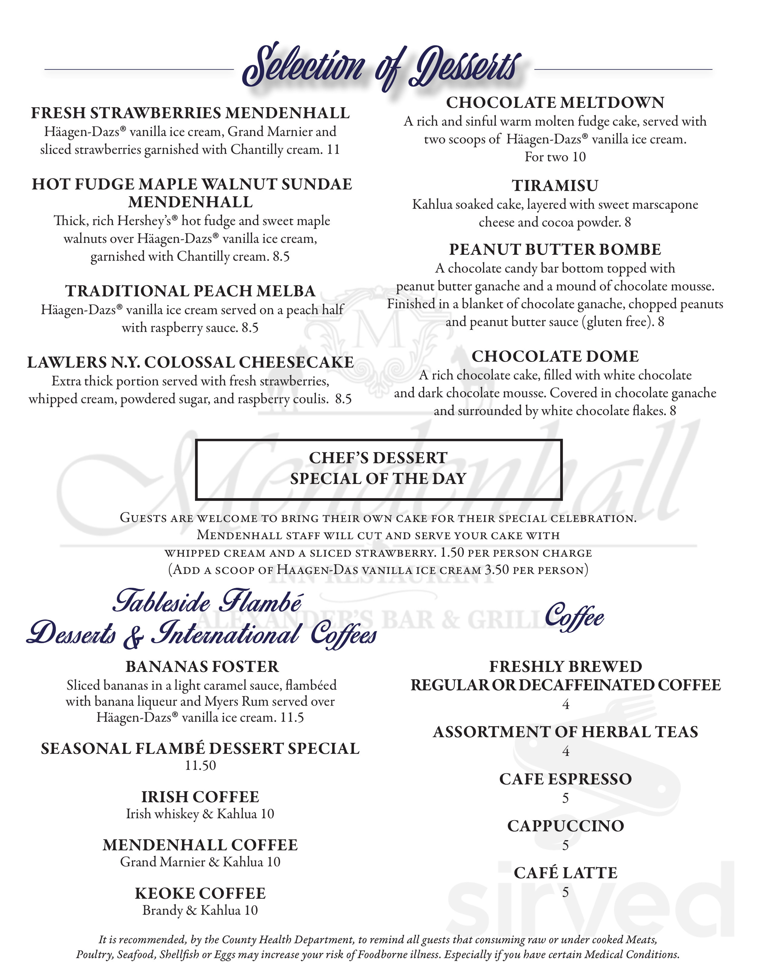 Mendenhall Inn Restaurant menu in Mendenhall, Pennsylvania, USA
