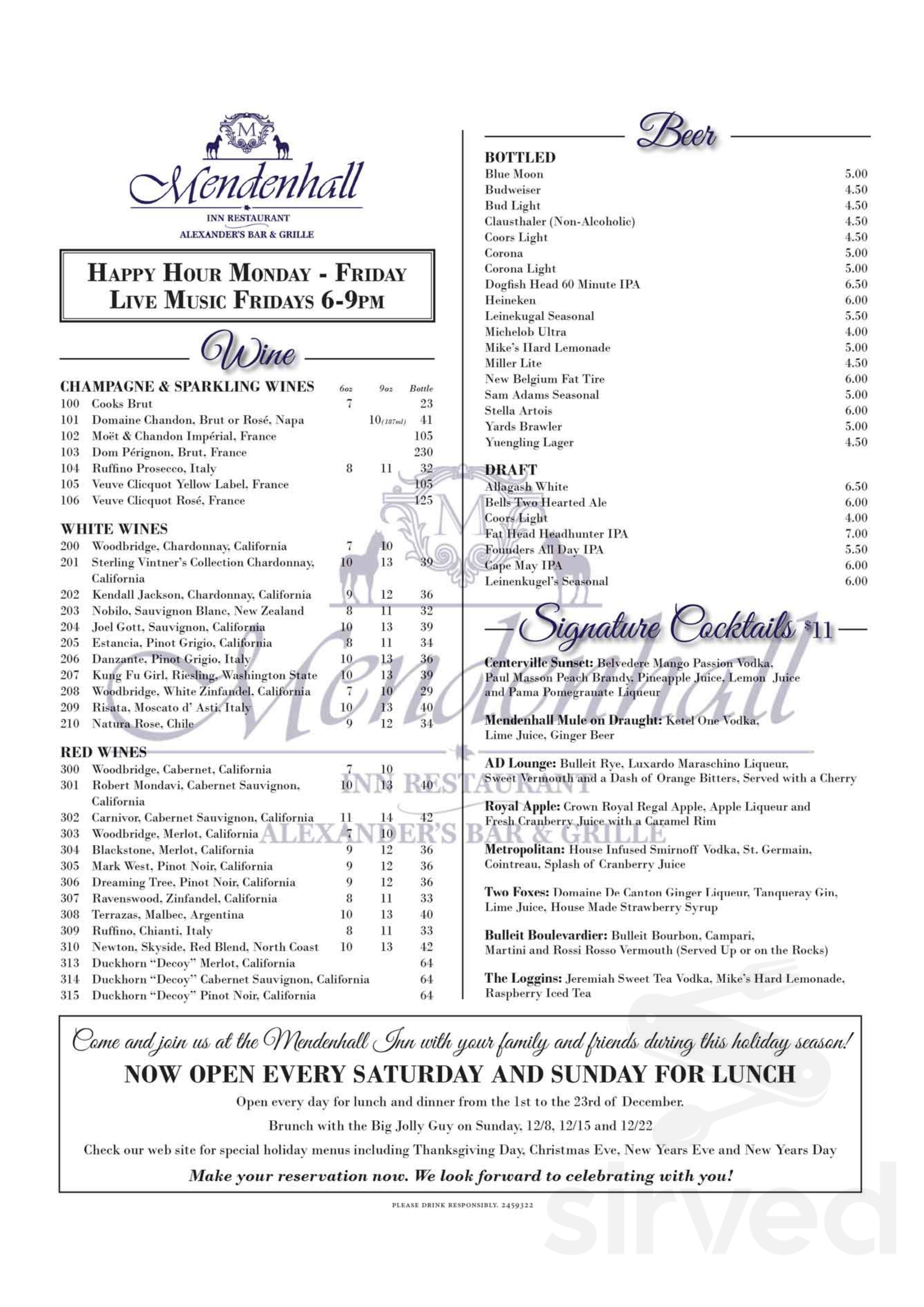 Mendenhall Inn Restaurant menu in Mendenhall, Pennsylvania, USA