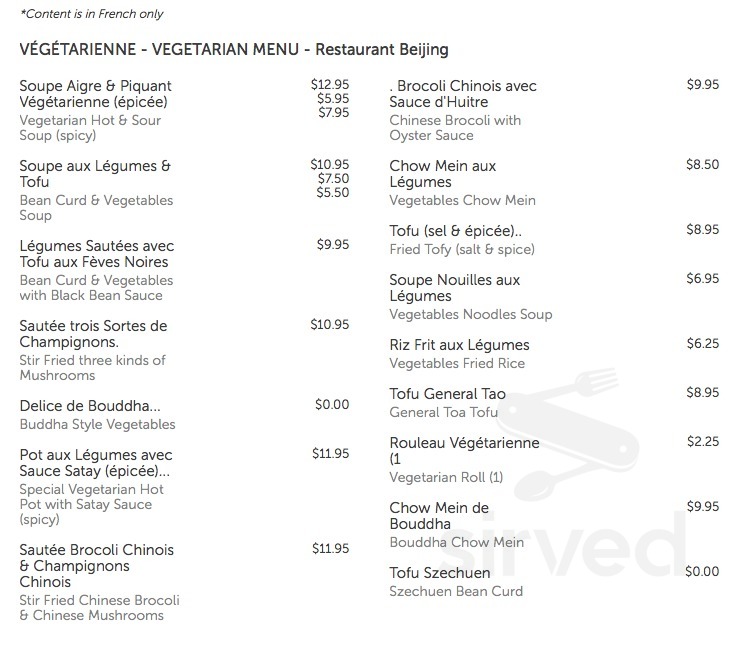 Menu for Beijing Restaurant in Montréal, QC | Sirved