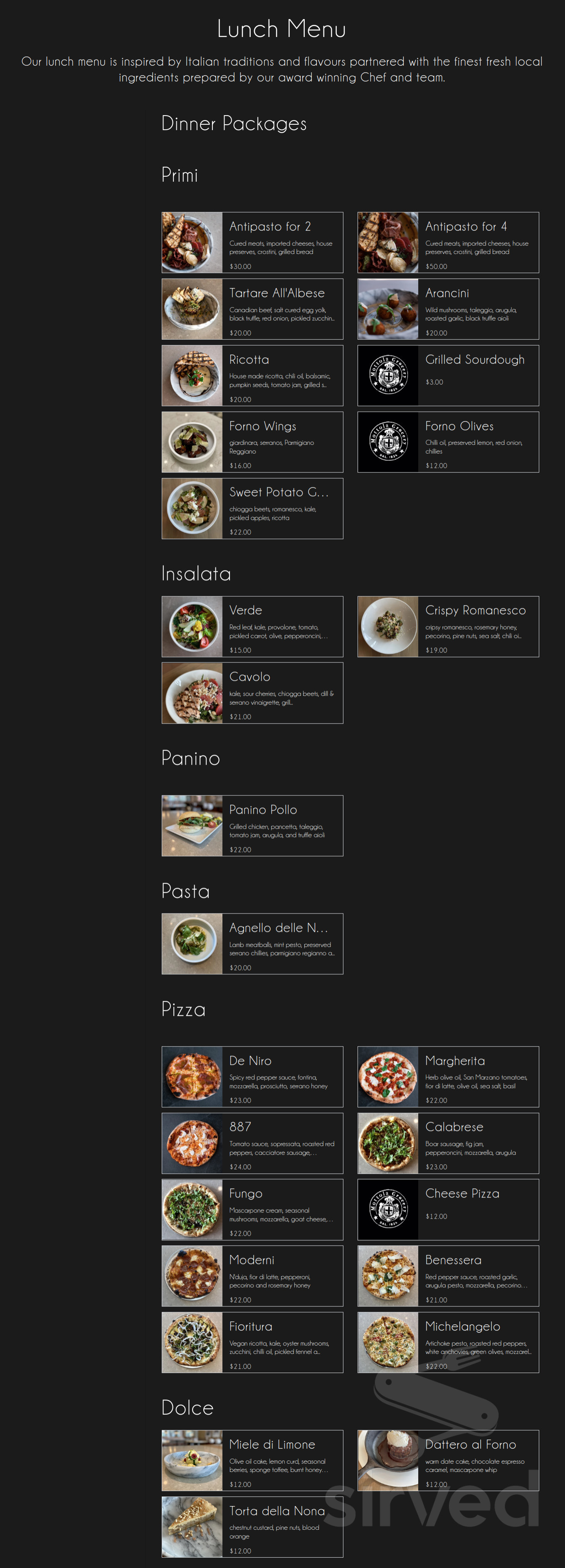 Menu for Gusto North in Winnipeg, Manitoba, Canada