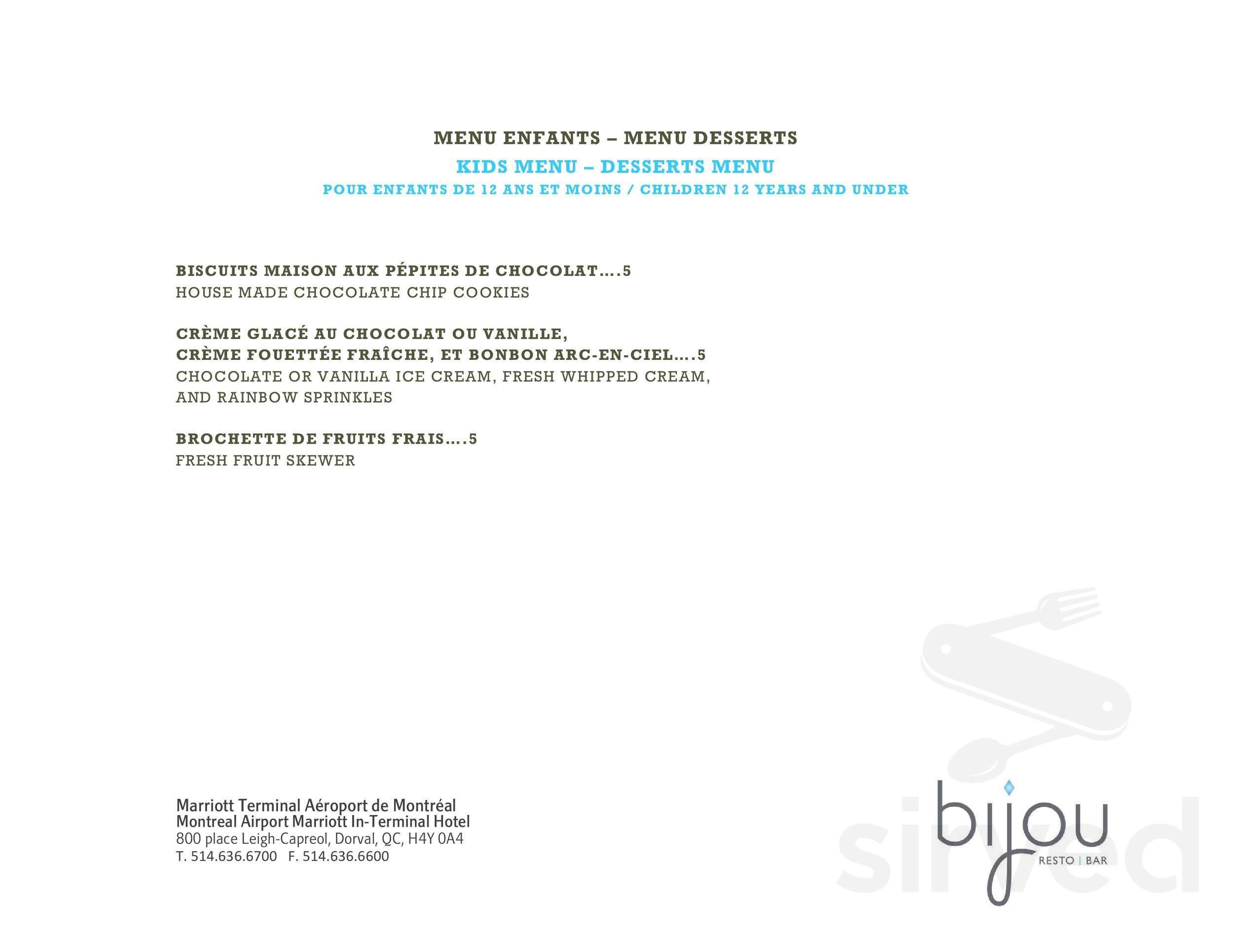 Bijou Resto Bar menu in Dorval, Quebec, Canada