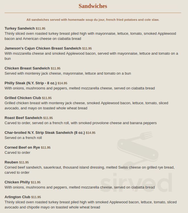 Menu - Arlington Heights IL's Jameson's Original Charhouse | Sirved