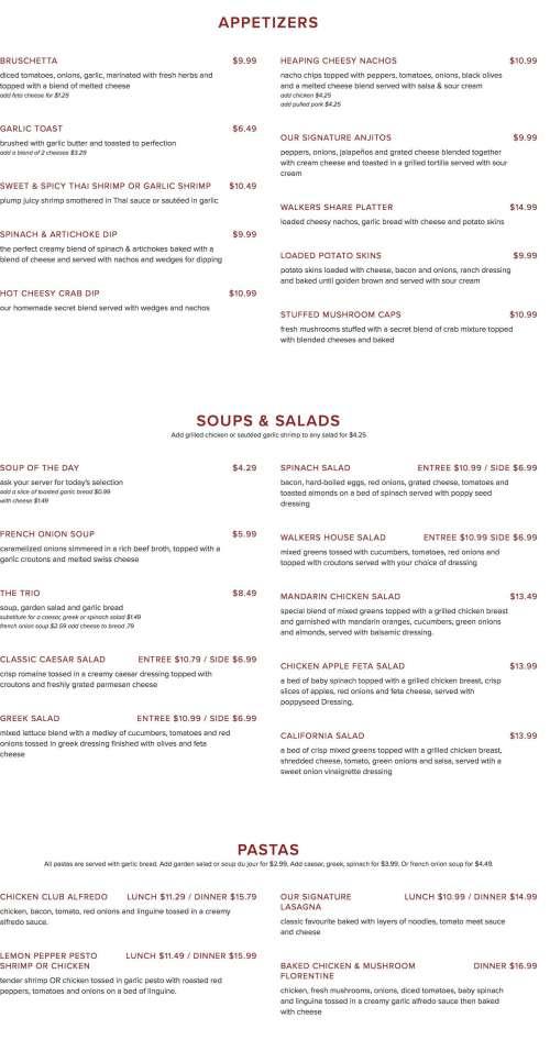 Walker's Landing Pub And Eatery menu in Walkerton, Ontario, Canada