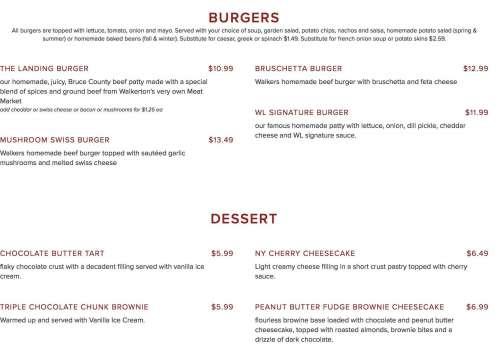 Walker's Landing Pub And Eatery menu in Walkerton, Ontario, Canada