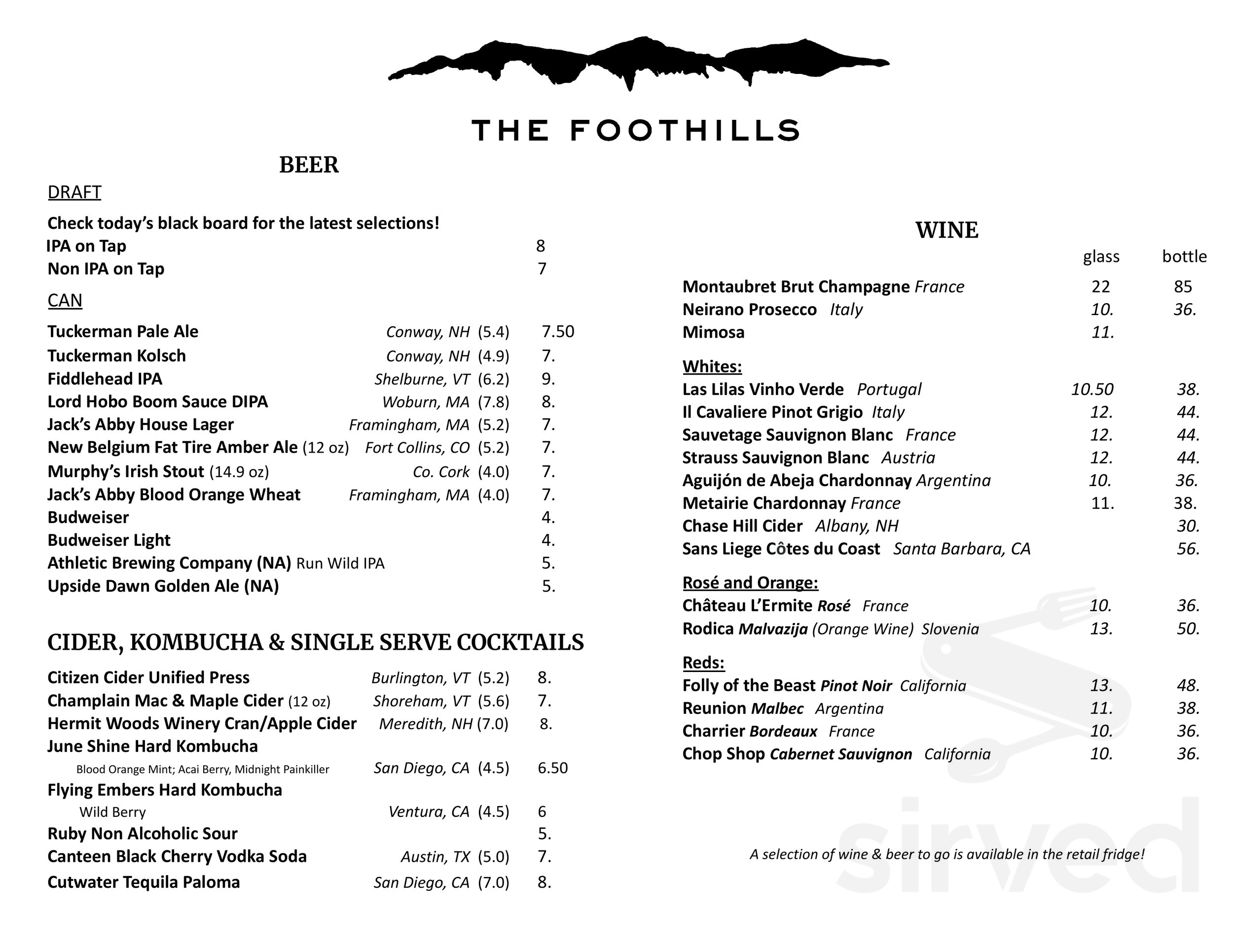 The Foothills Cafe & Curio menu in Center Sandwich, New Hampshire, USA