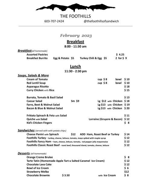 The Foothills Cafe & Curio menu in Center Sandwich, New Hampshire, USA