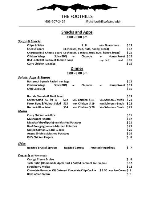 The Foothills Cafe & Curio menu in Center Sandwich, New Hampshire, USA
