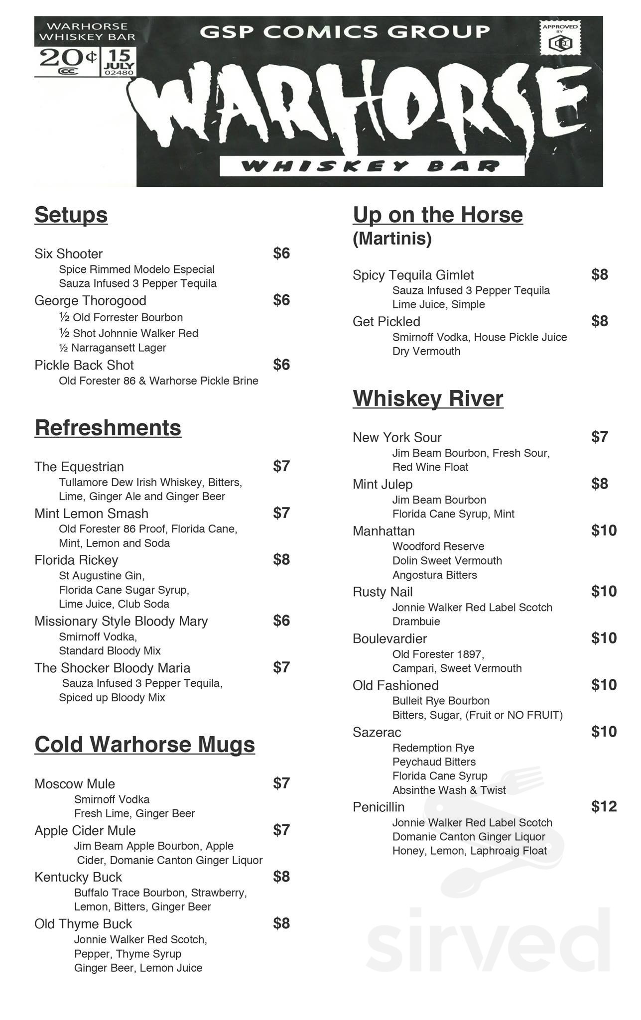 Warhorse Whiskey Bar menu in Tallahassee, Florida, USA