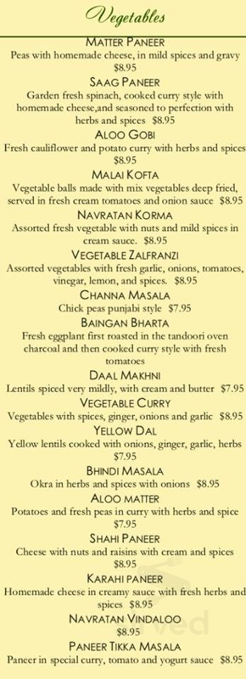 Namaste Indian Kitchen menu in Riverside, California, USA