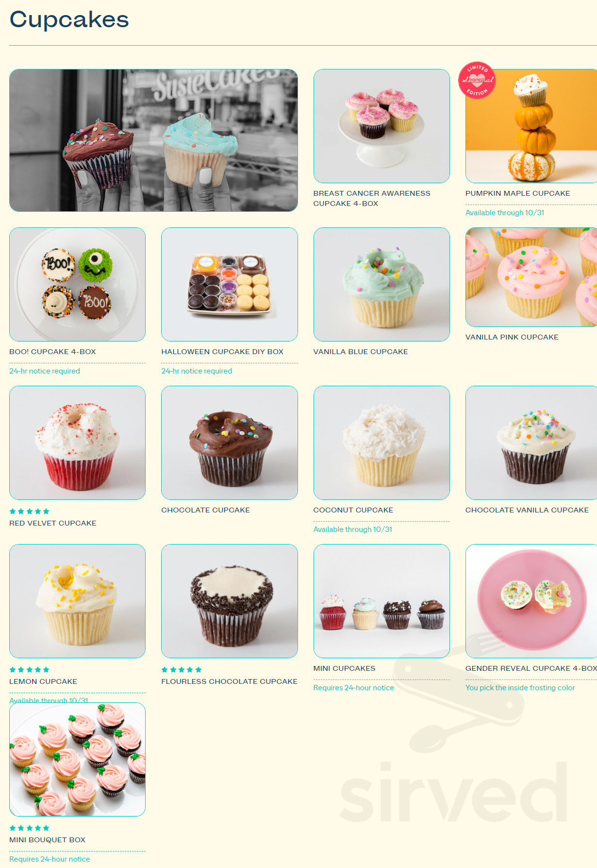 SusieCakes menu in Greenbrae, California, USA