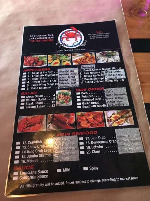 Mr Crab menu in Jackson Heights, New York, USA