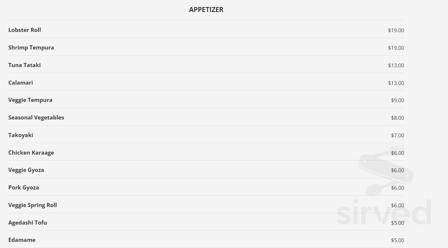 Menu - Calgary AB's Tobe Teppanyaki Lounge | Sirved