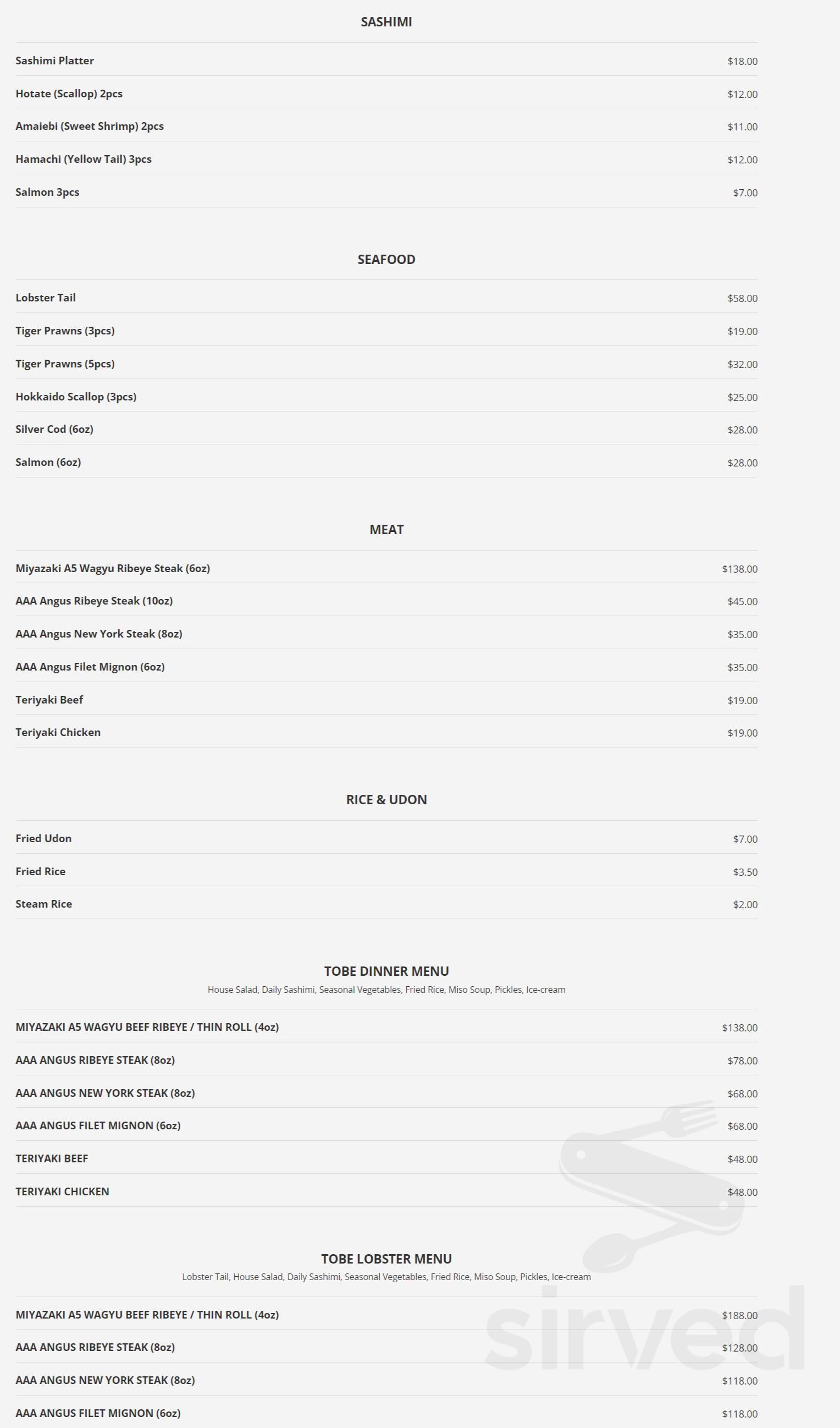 Menu - Calgary AB's Tobe Teppanyaki Lounge | Sirved