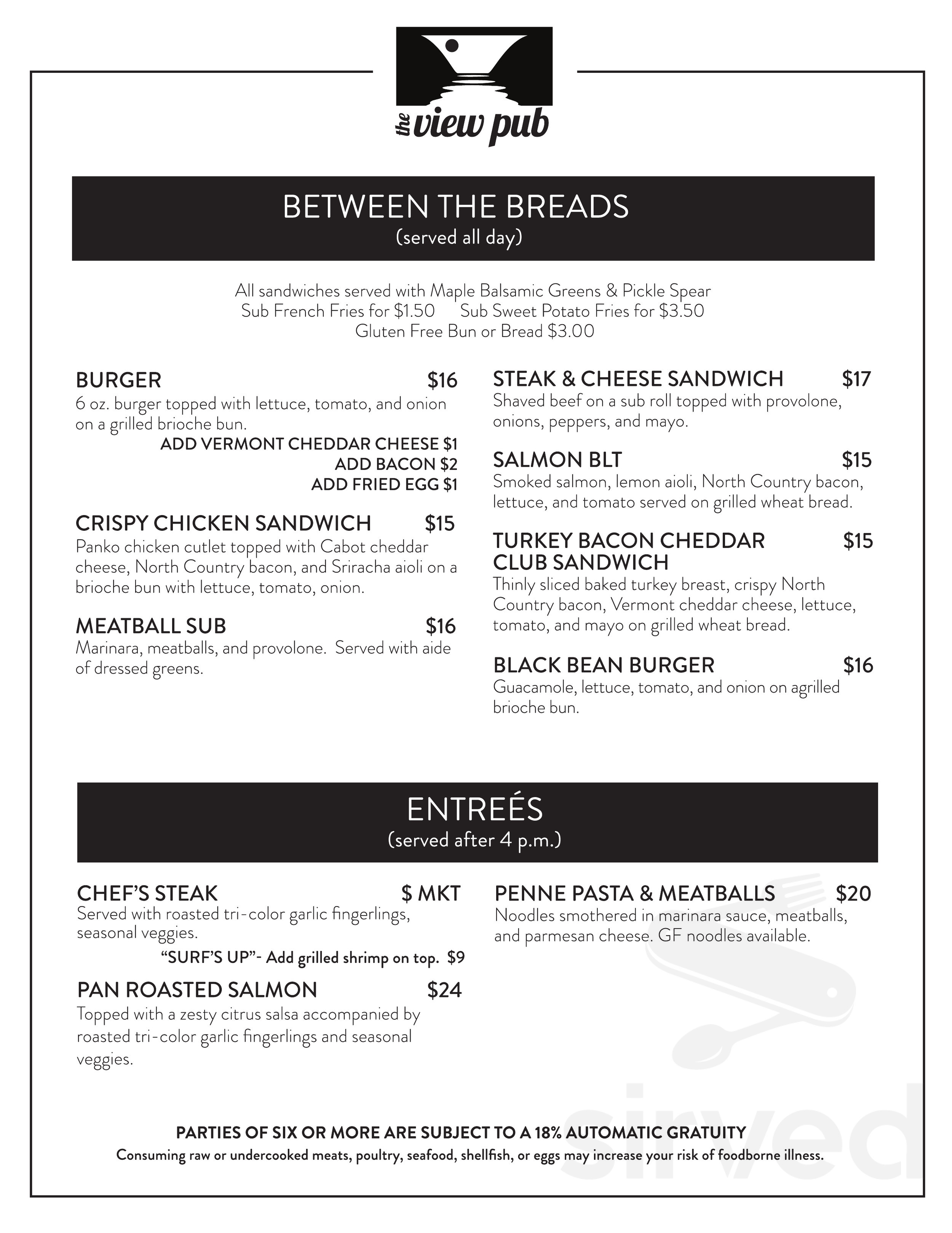 Menu - East Burke VT's The View Pub | Sirved