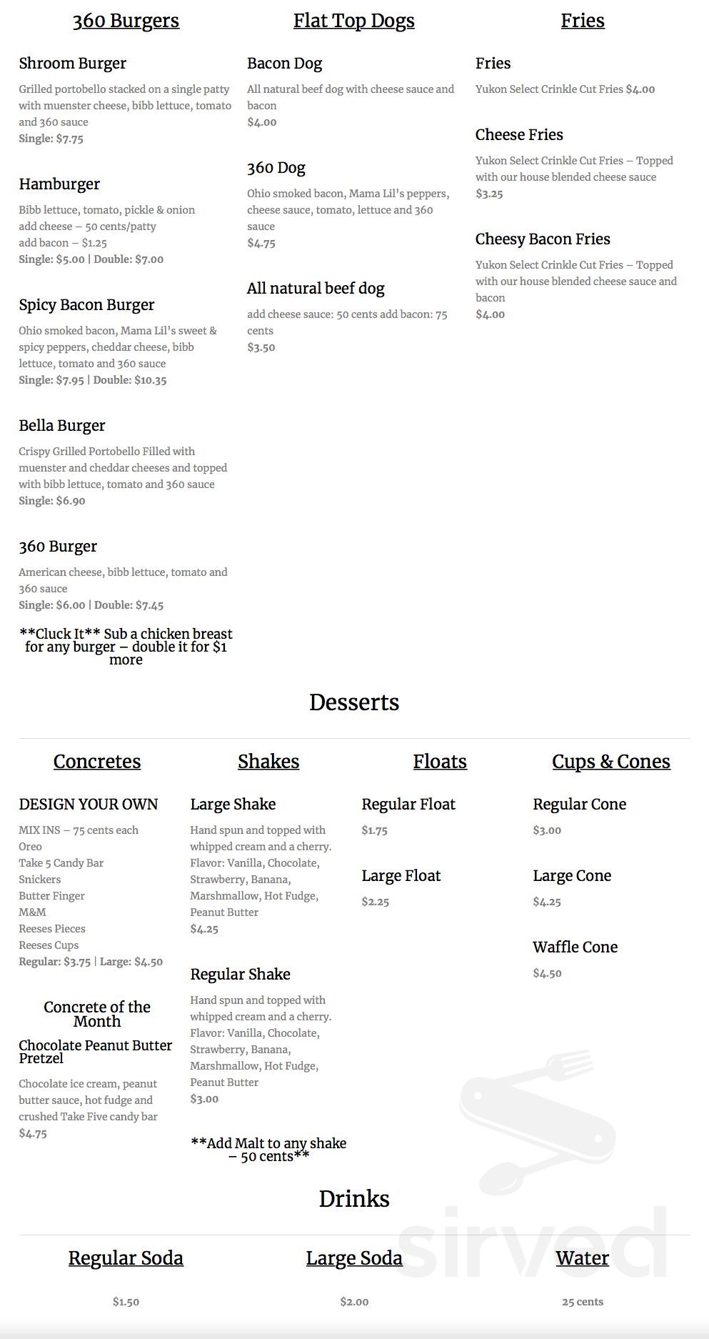 Menu for 360 Burger in Cambridge, OH | Sirved