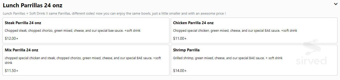 Bae Latin Food menu in Carmel, Indiana, USA