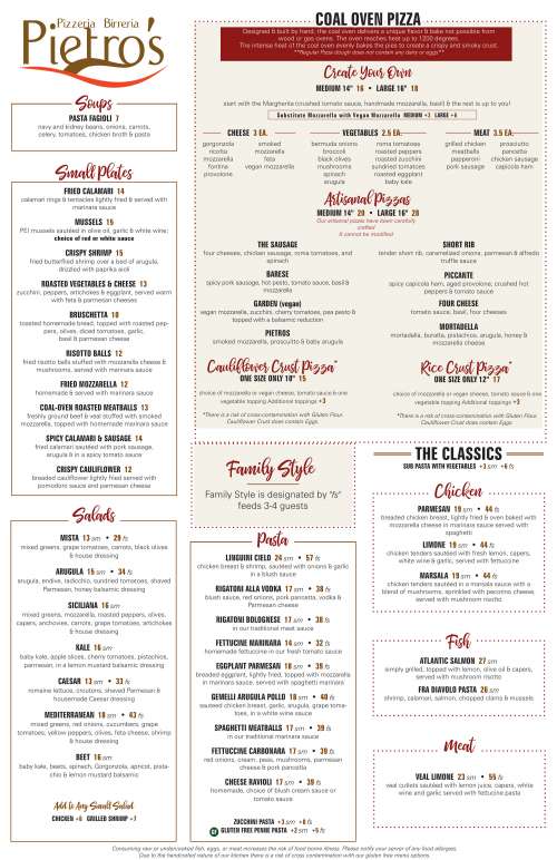 Pietro's Italian menu in Philadelphia, Pennsylvania, USA