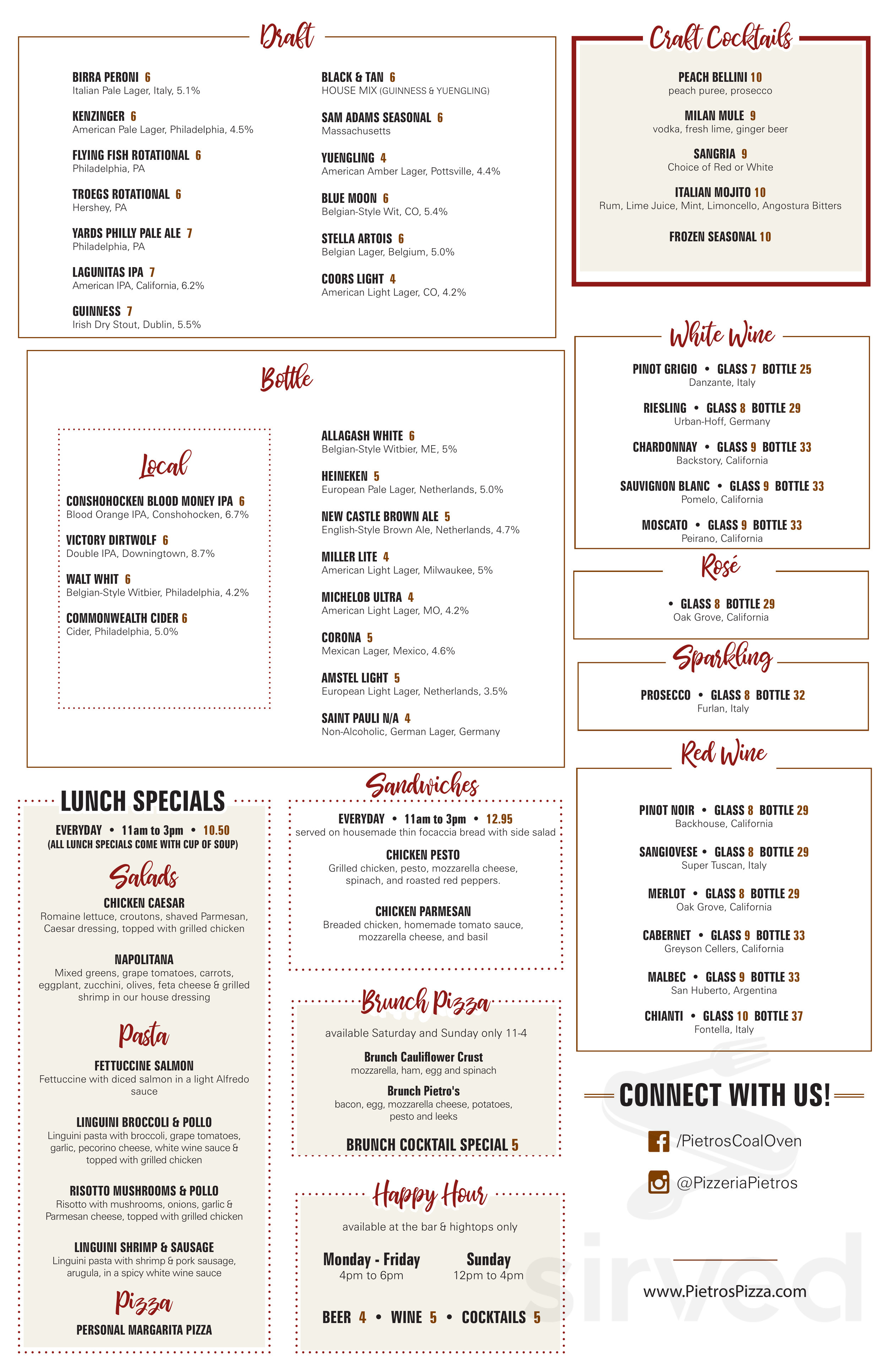 Menu - Philadelphia PA's Pietro's Italian | Sirved