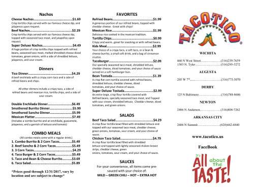 Taco Tico menu in Newton, Kansas, USA