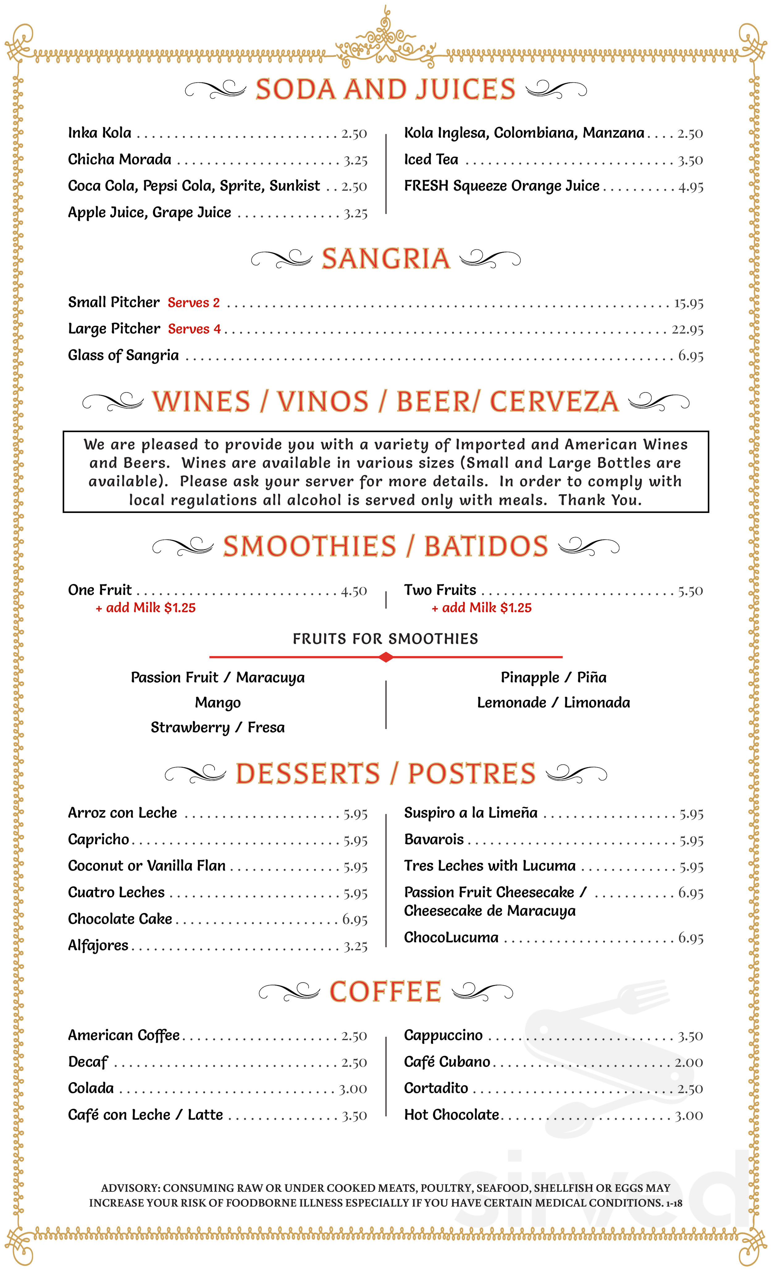 Menu for El Chalan Restaurant in Miami, Florida, United States