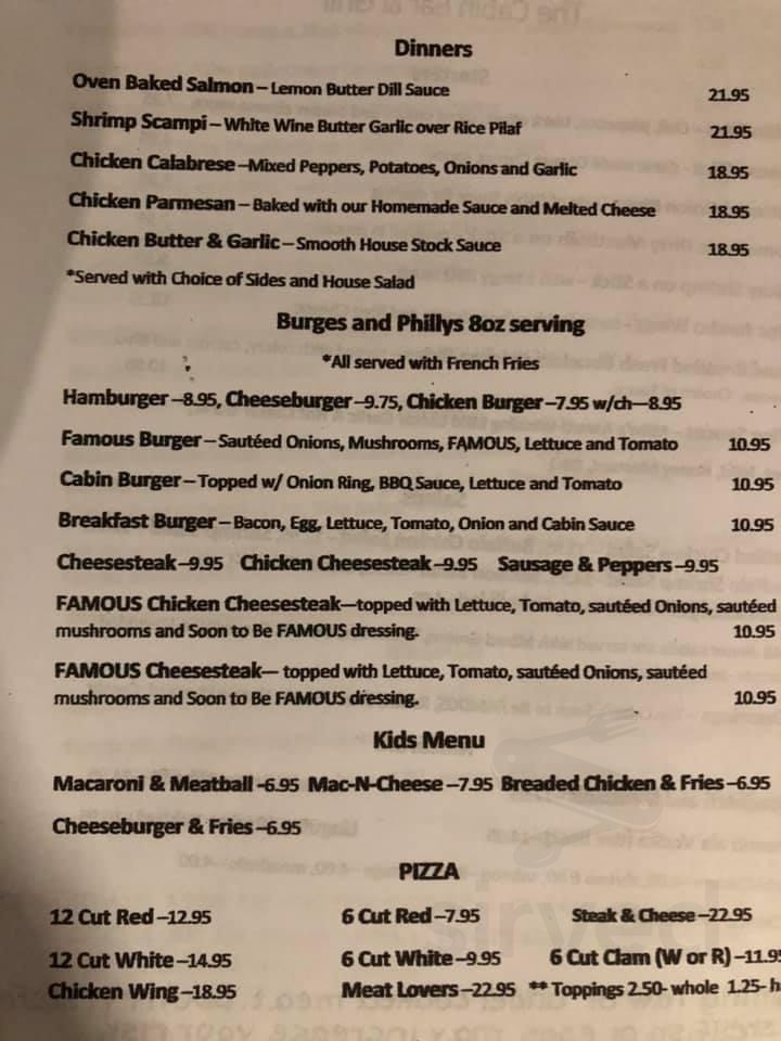 The Cabin Bar and Grill menu in Scranton, Pennsylvania, USA