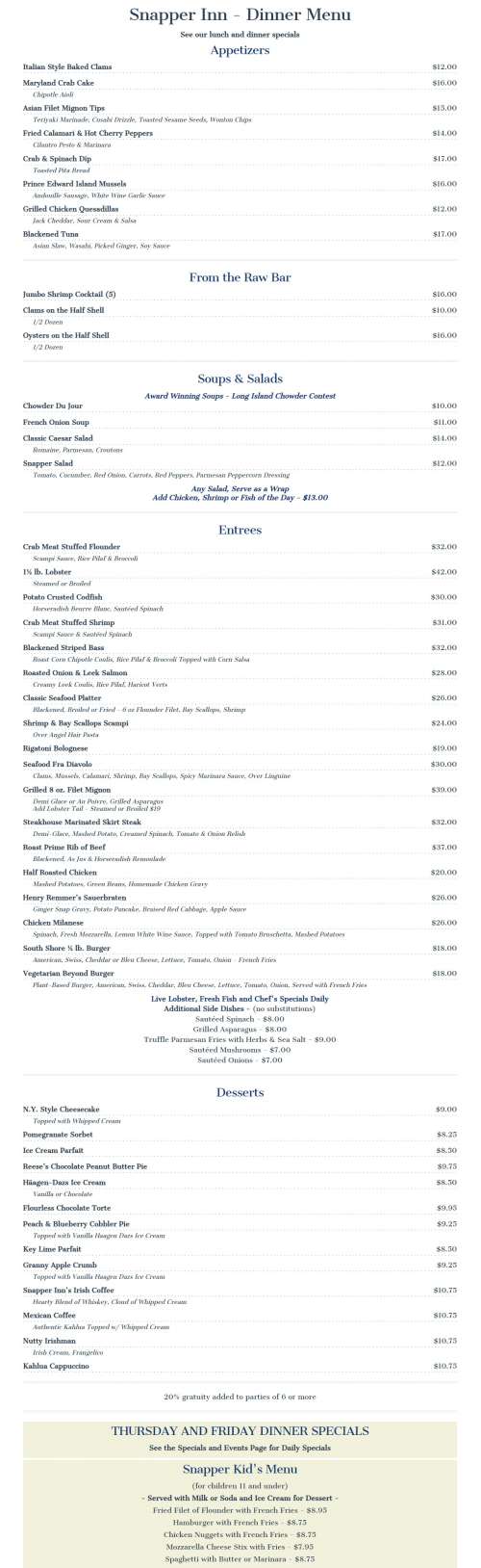 The Snapper Inn menu in Oakdale, New York, USA