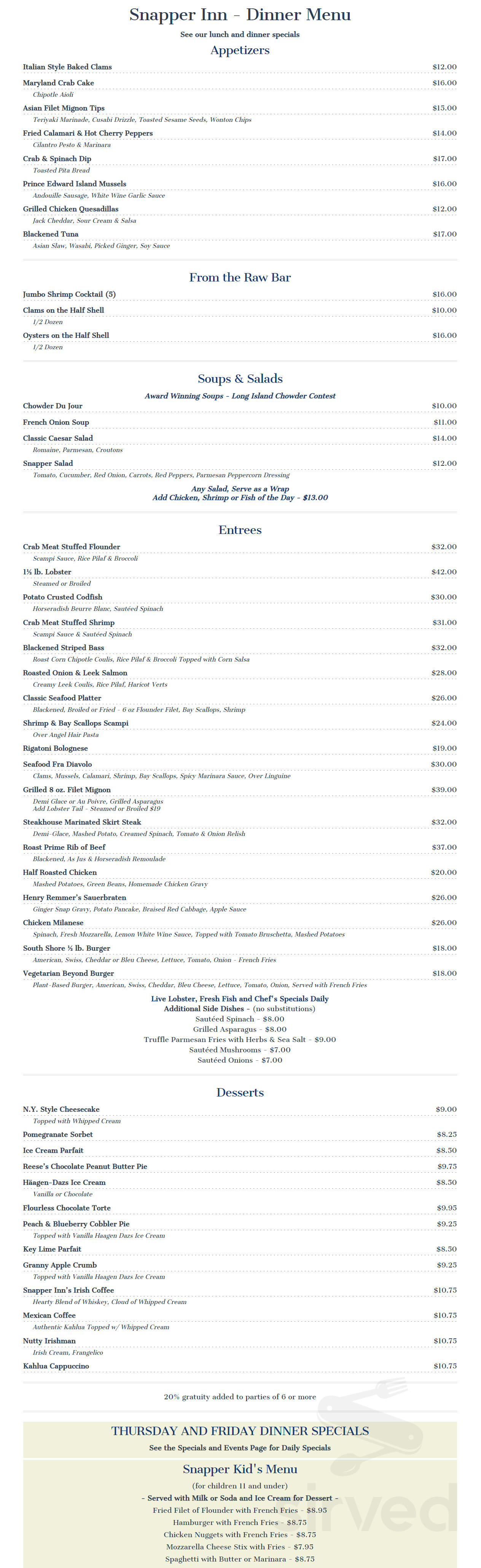 The Snapper Inn menu in Oakdale, New York, USA